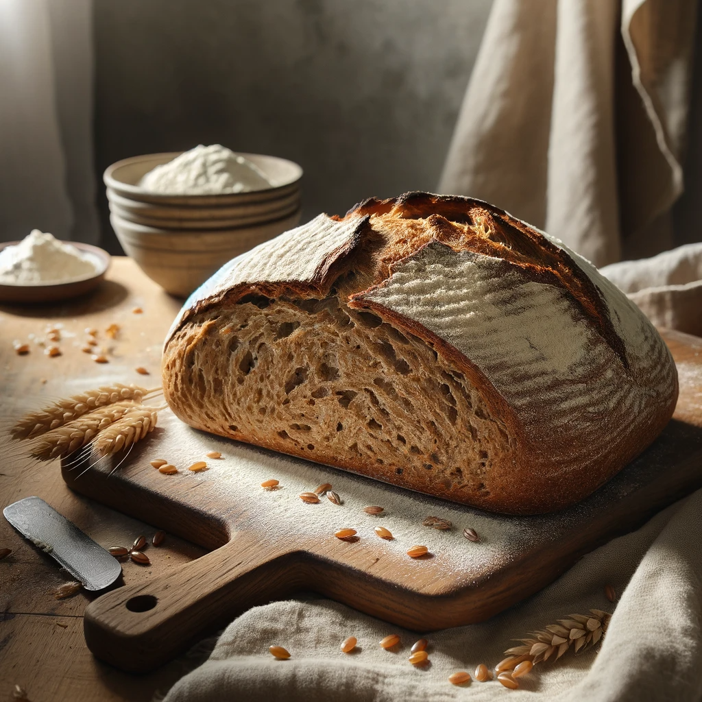 DALL·E 2023-11-14 20.53.11 - A rustic and hearty spelt bread placed on ...