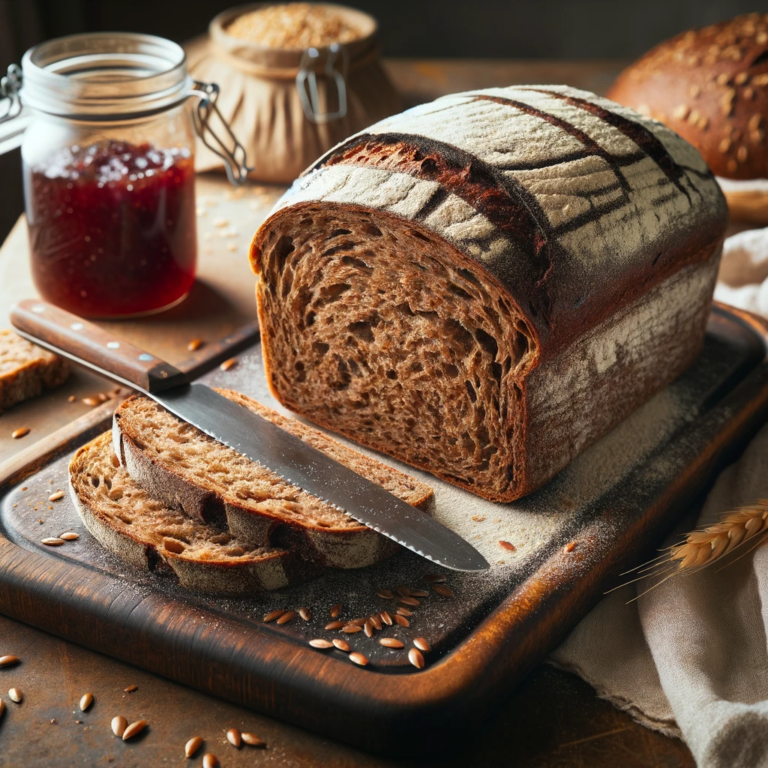 DALL·E 2023-11-21 08.49.36 - Homemade whole wheat bread on a wooden ...