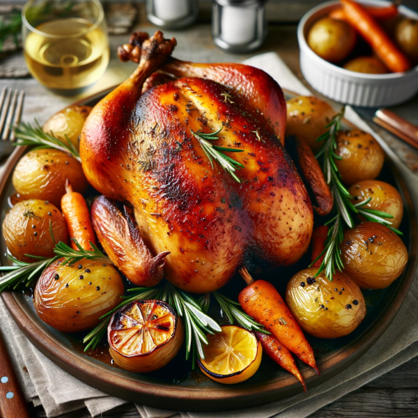 DALL·E 2023-12-10 19.57.52 - A beautifully cooked guinea fowl prepared ...