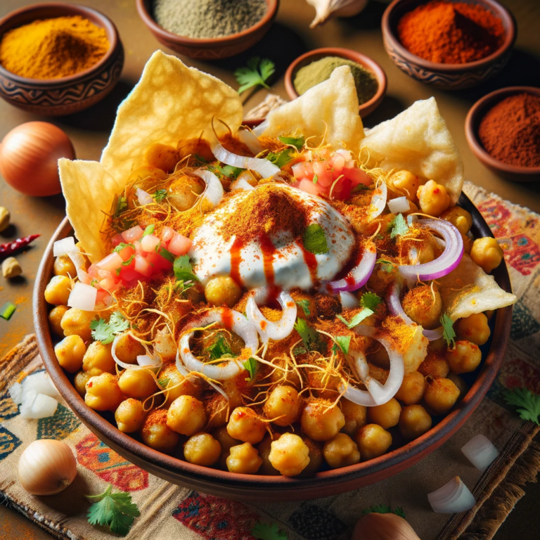 DALL·E 2023-12-16 15.40.23 - Indian Chaat with a base of cooked ...