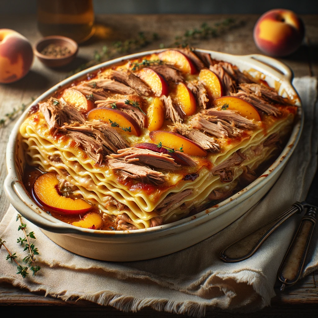 Lasagnes au canard confit et pêches