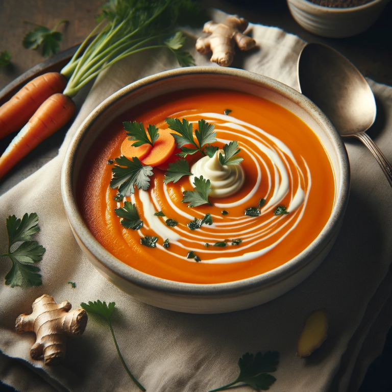 DALL·E 2024-01-30 20.46.30 - Carrot ginger soup served in a cream ...