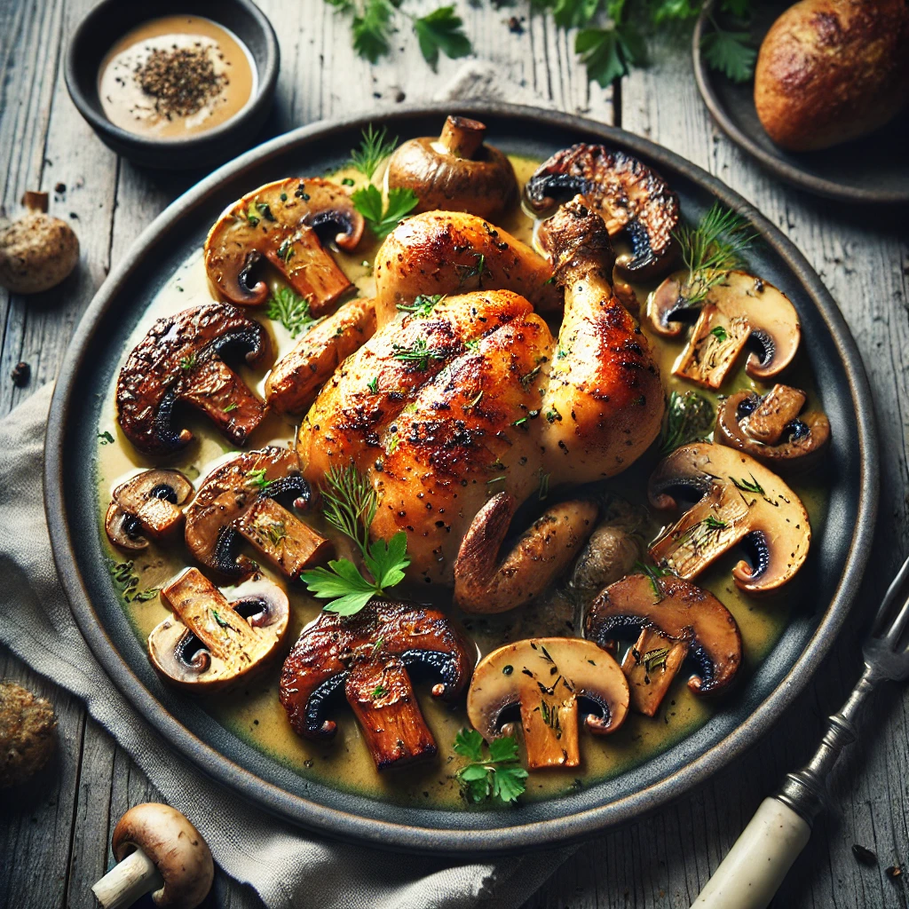 Chapon au vin blanc et champignons
